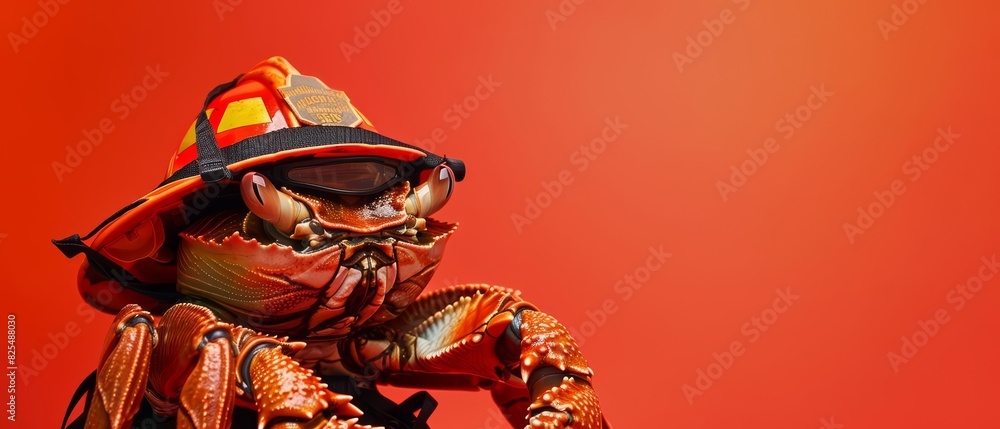 A crab dressed as a firefighter, complete with a helmet and hose, set ...