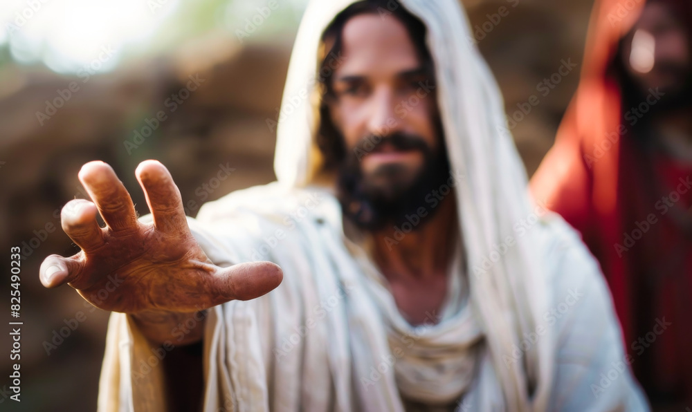 Spiritual Closeup of Jesus Christ Reaching Out Inviting Gesture with ...
