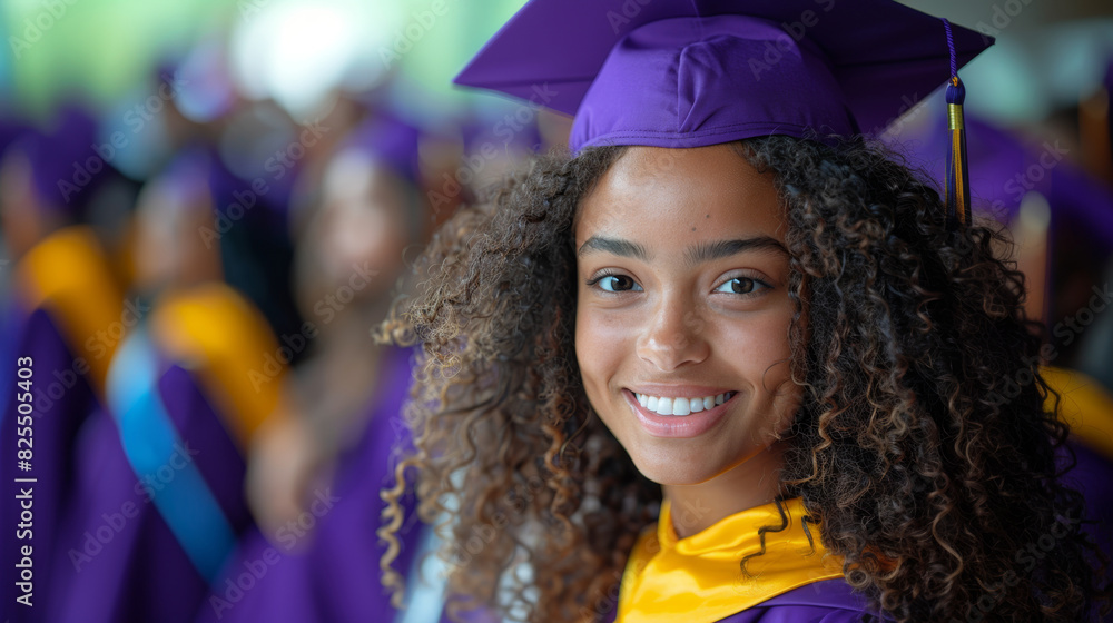 Smiling young woman in purple graduation cap and gown with yellow ...