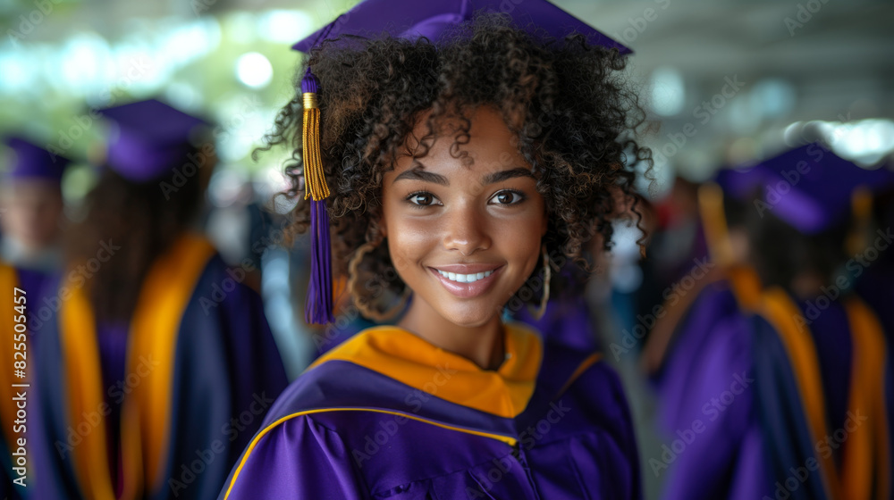 Smiling young woman in purple graduation cap and gown with yellow ...