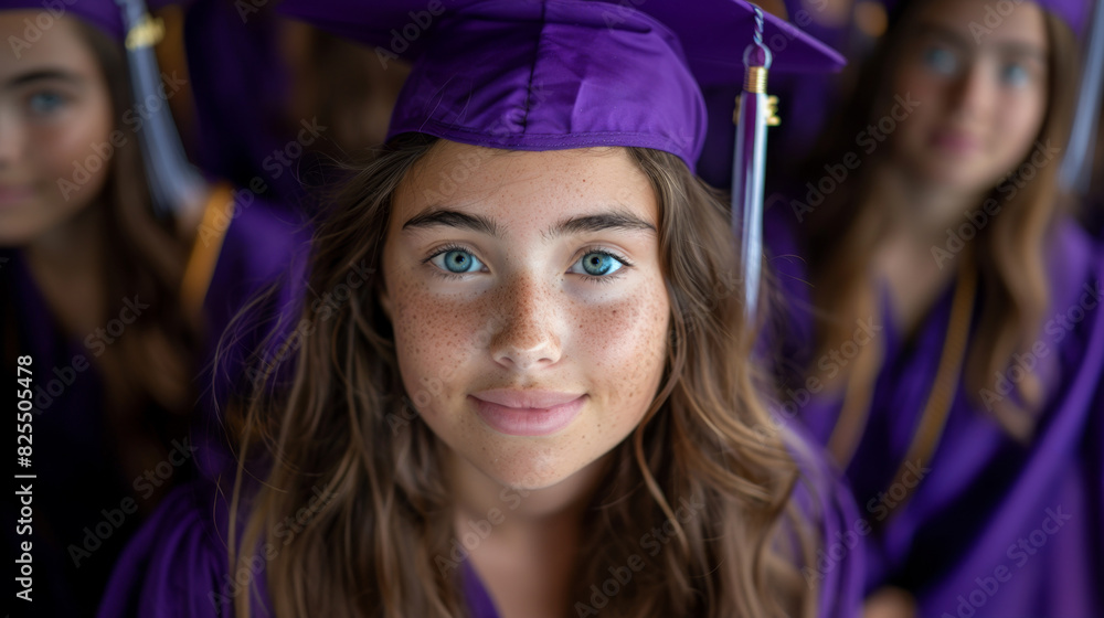 Teen girl with freckles and blue eyes wearing a purple graduation cap ...