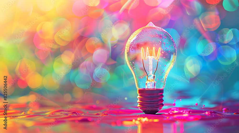 Glowing light bulb with different colors splashed on a blurred bright ...