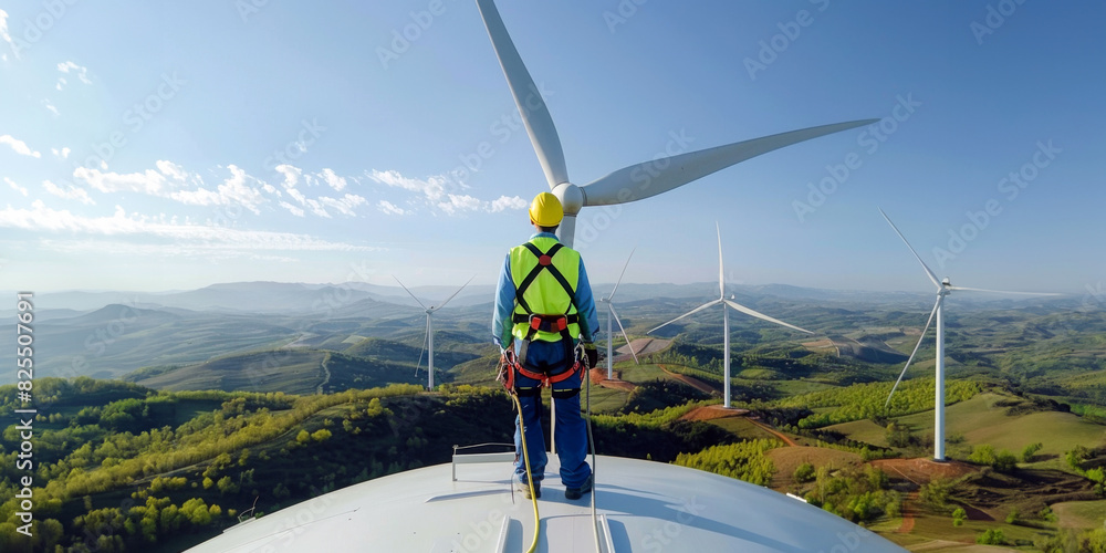 Male engineer with safety vest and helmet standing on top of a wind ...