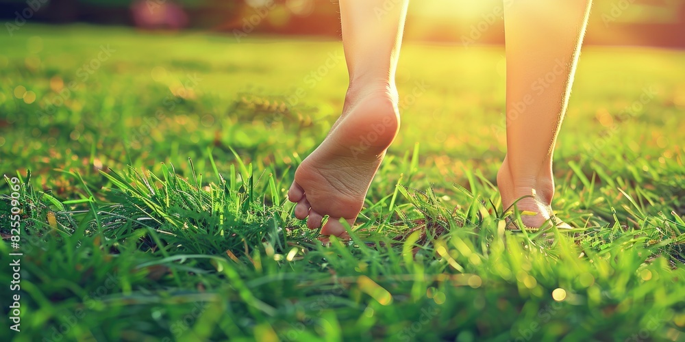 Barefoot woman's feet walking on garden green grass in the park ...