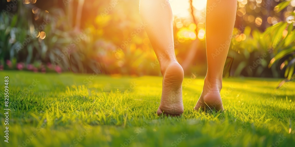 Barefoot woman's feet walking on garden green grass in the park ...