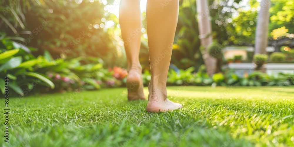 Barefoot woman's feet walking on garden green grass in the park ...