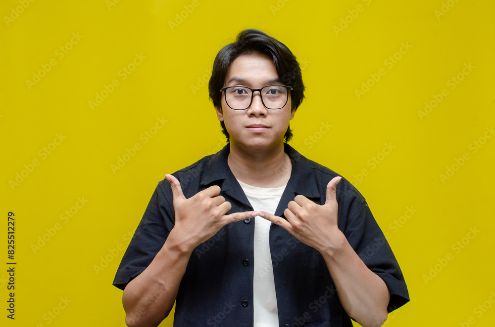 asian young students happily using sign language isolated against ...