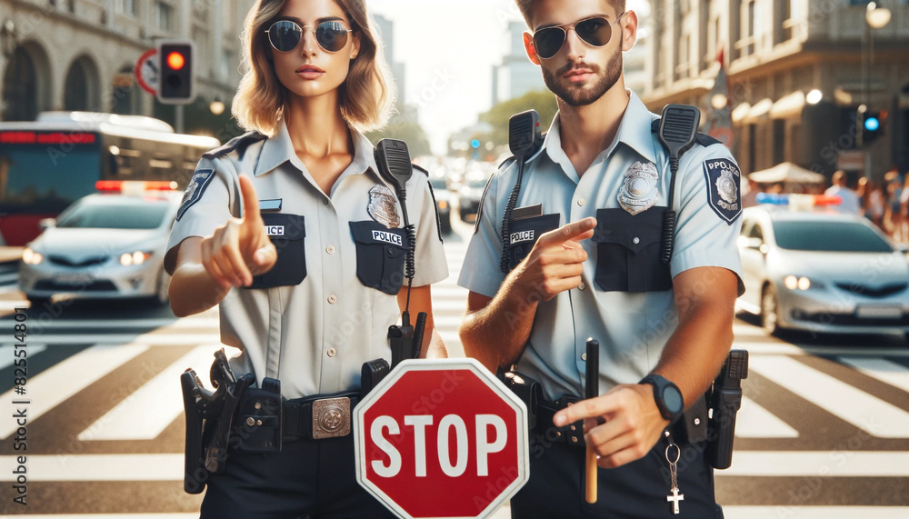 Two police officers pointing to a stop sign. Scene is lighthearted and ...