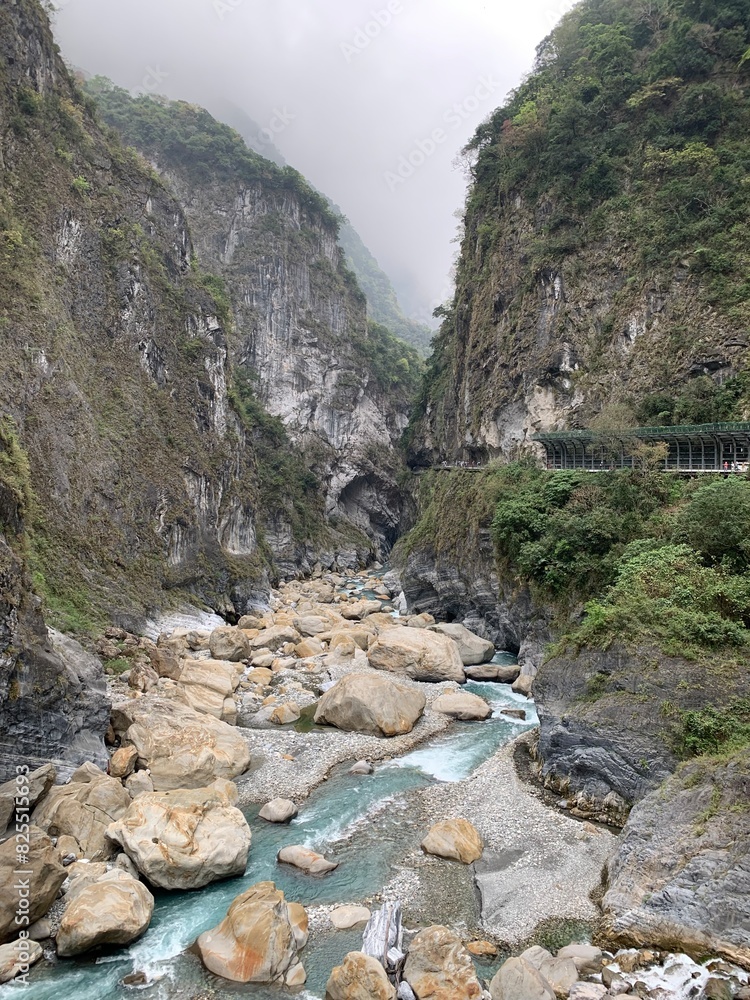 Vertical view of Liwu river in steep gorge, narrow canyon in Taroko ...