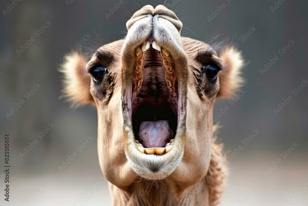 Capture of a funny camel with its mouth wide open as if laughing or ...