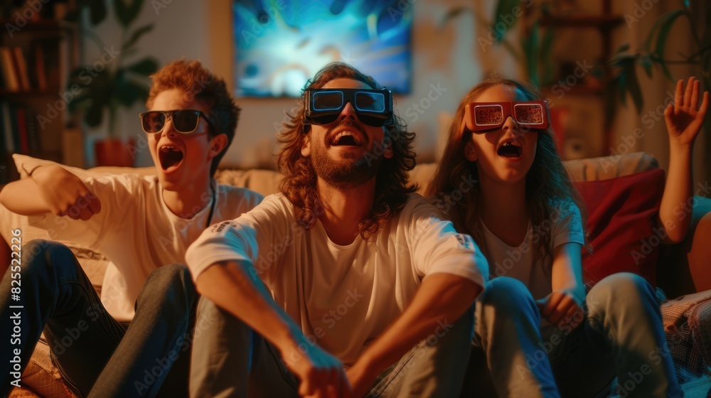 Group of happy people sharing time together while using VR headsets and ...