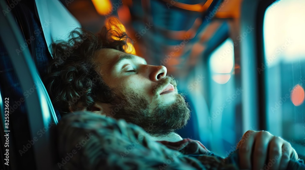 man sleeping on train travel and exhaustion candid portrait Stock ...