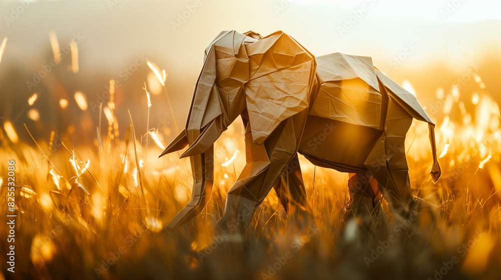 origami elephant in the savannah, endangered species concept, created ...