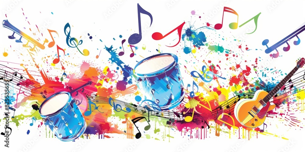 Colorful music notes and musical instruments background design isolated ...