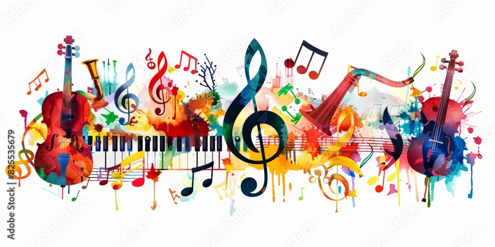 Colorful music notes and musical instruments isolated on white ...