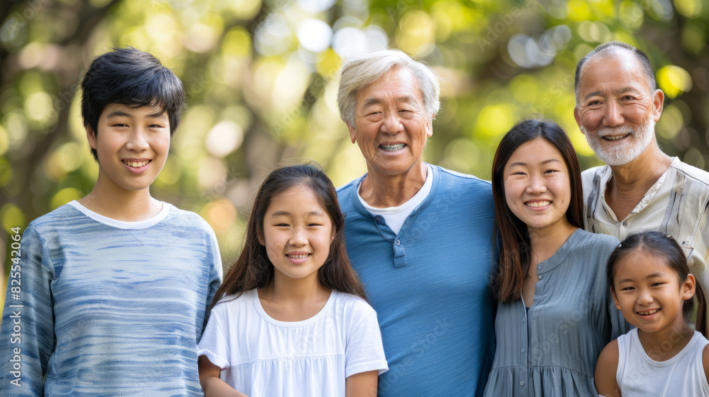 Asian family portrait in an outdoor park setting. Group of two elderly ...