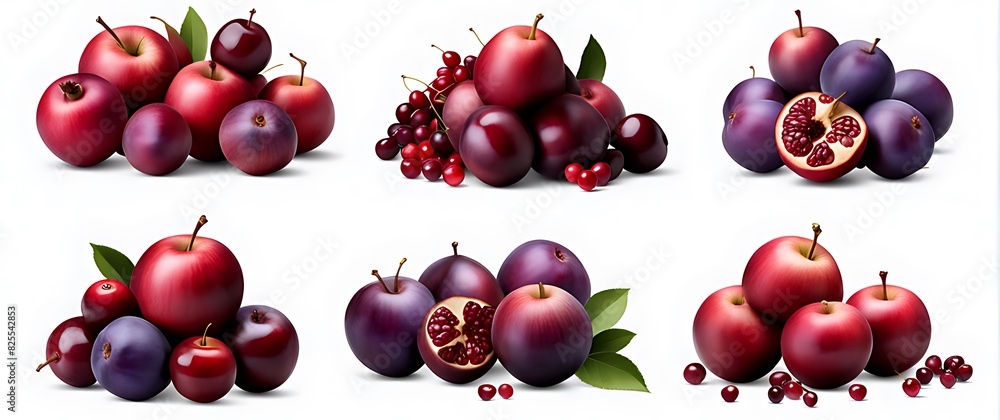 Colorful set of red purple maroon fruits in a pile with apple, cherry ...