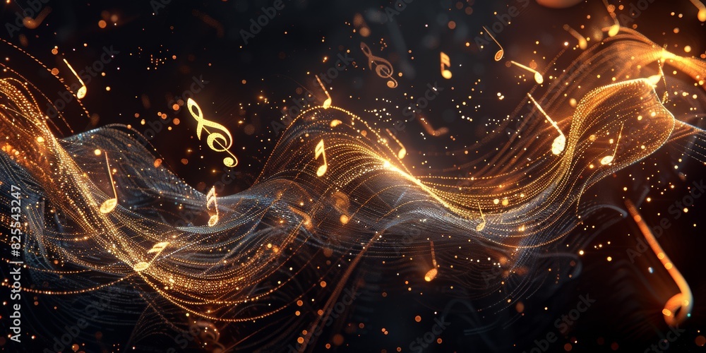 White glowing musical notes on black background, musical wave with ...