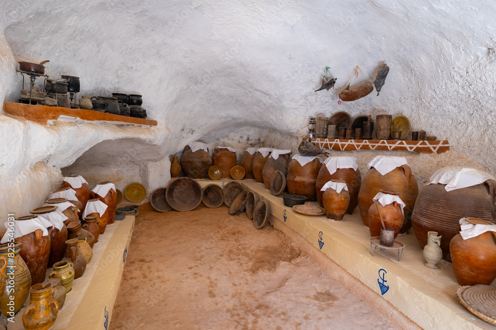Kitchen in ancient Berber dwelling in Matmata with array of pottery and ...