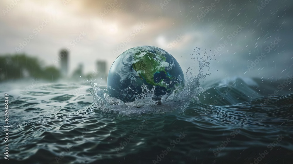 sinking globe engulfed by massive flood waves dramatic climate change ...