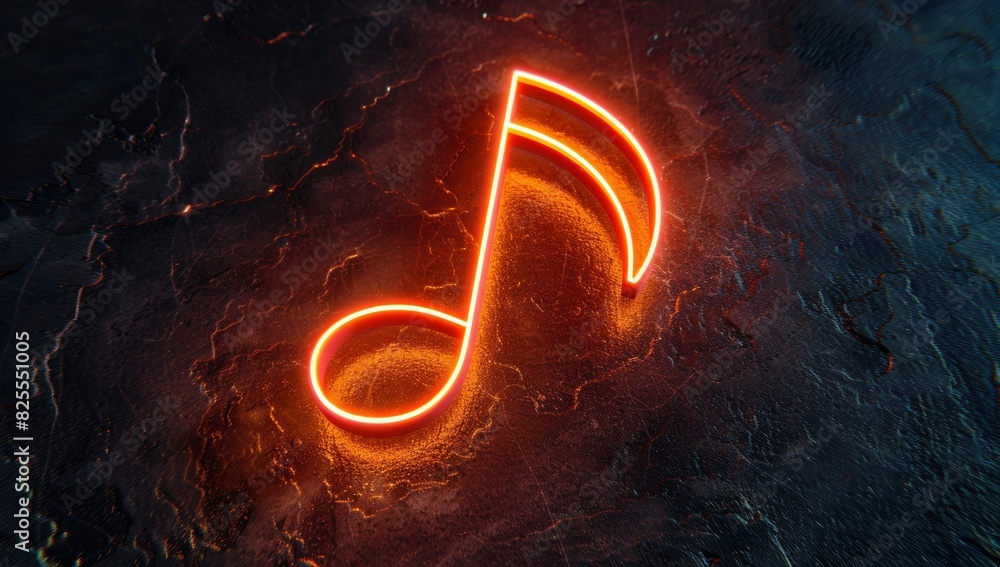 A glowing neon music note on dark background, symbol of musical art and ...