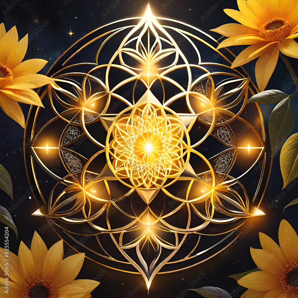 Spiritual lines and patterns with a shining star against a golden ...