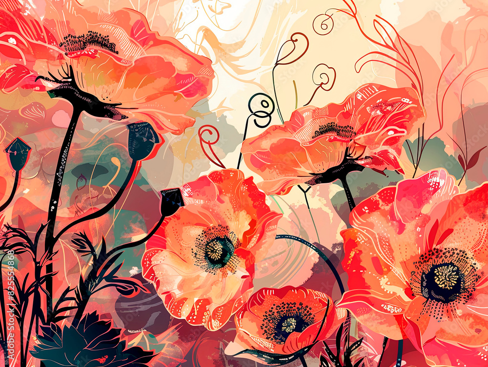 Red poppy flowers on pink background. beautiful and mysterious poppy ...