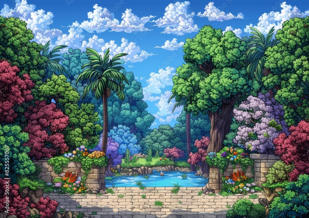 Beautiful pixel art nature scene with vibrant trees, lush greenery, and ...