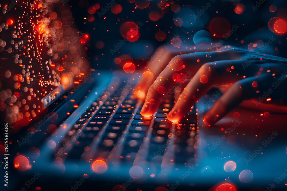 People typing on a laptop with holographic icons related to marketing ...