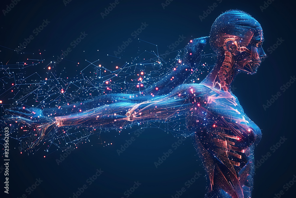 A low poly wireframe illustration of human power featuring a 3D male ...