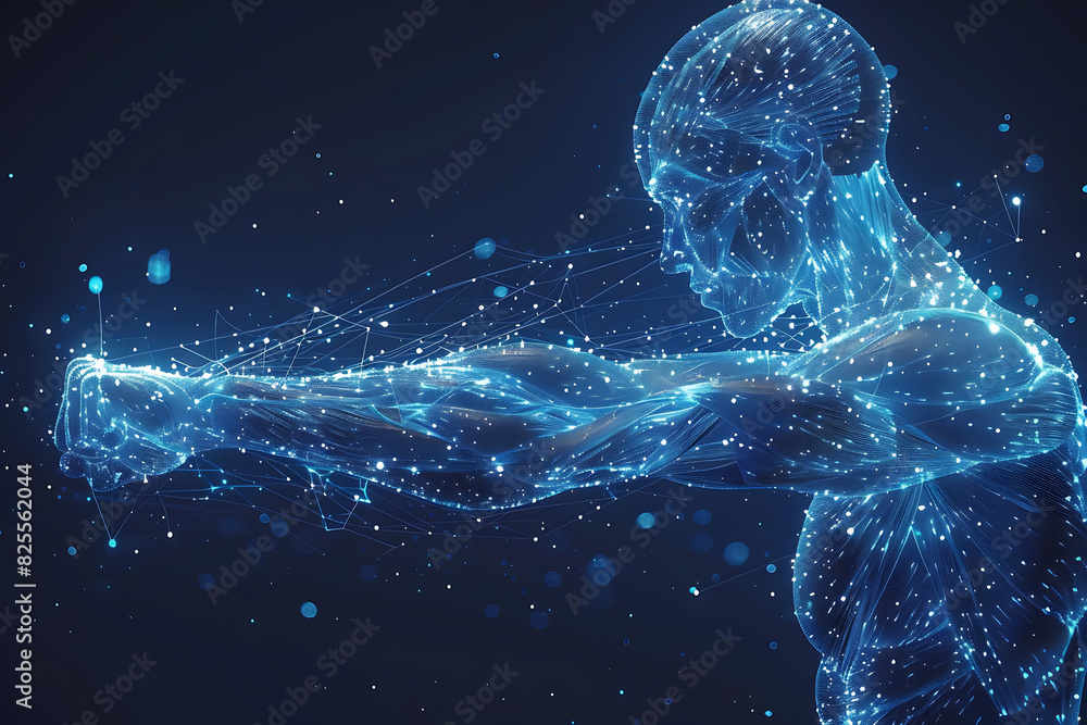 A low poly wireframe illustration of human power featuring a 3D male ...