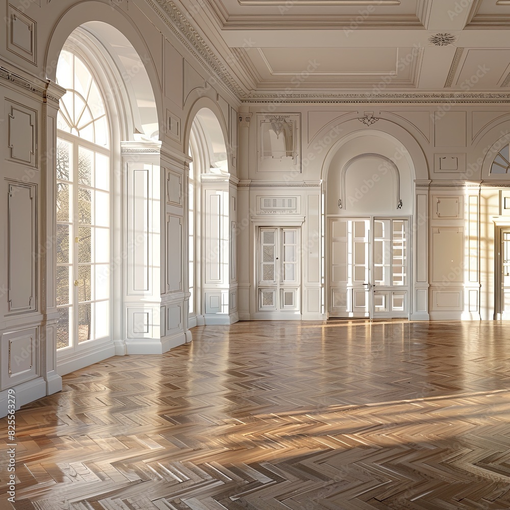 Vintage-style banquet hall with parquet floors and expansive windows ...
