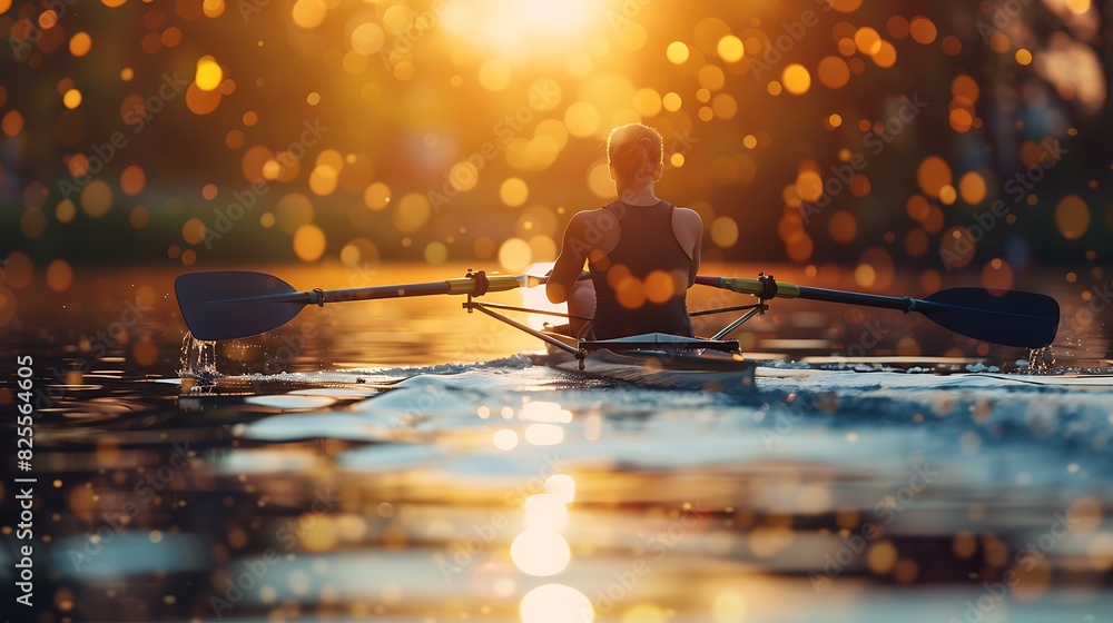 The photo shows a person rowing a boat in a lake. The sun is setting ...