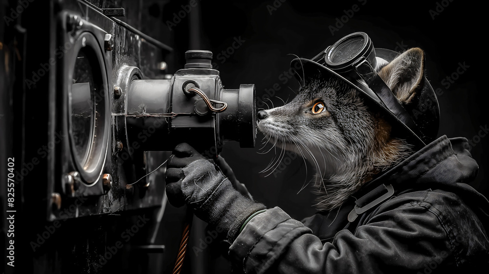 black fox working as a craftsman in a dark scene with a metal machine ...