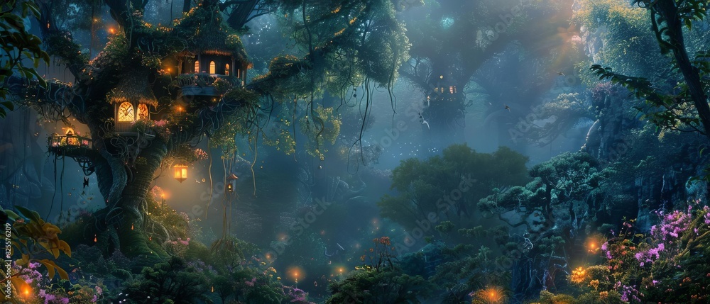 Enchanting nighttime forest with illuminated treehouses, magical ...