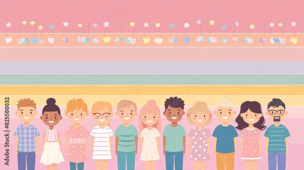 a group of people standing together in front of a rainbow, transparent ...