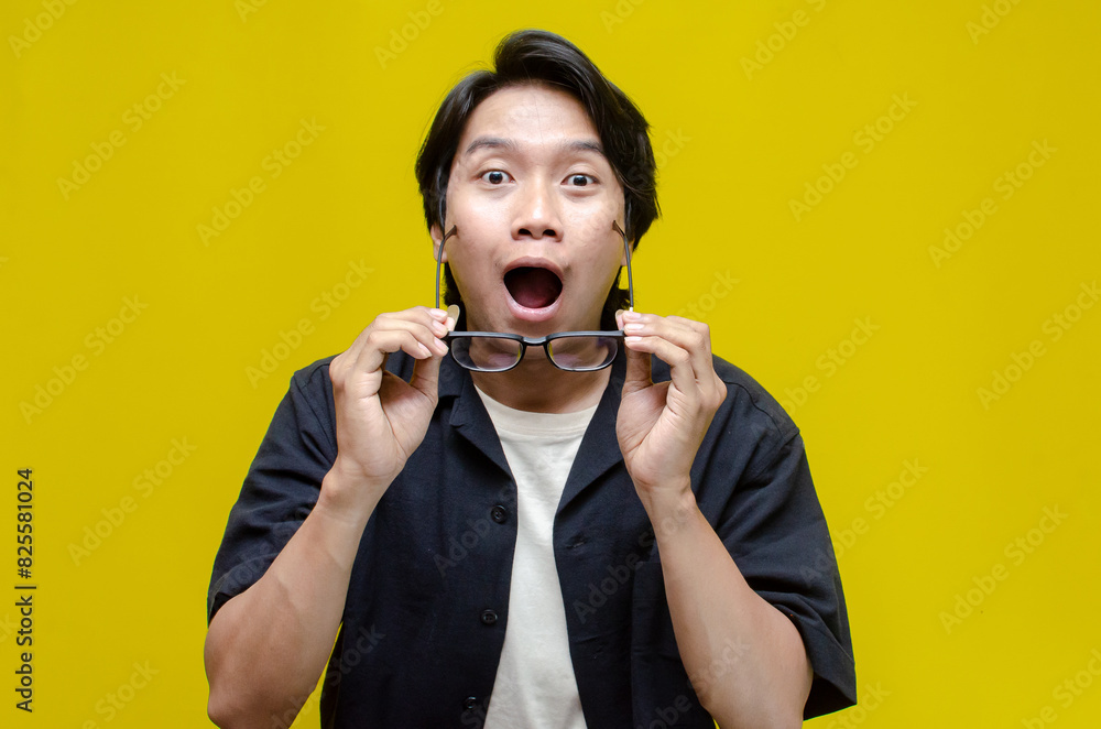 Funny Expression Young Asian Man Shocked Happily Opening Mouth And