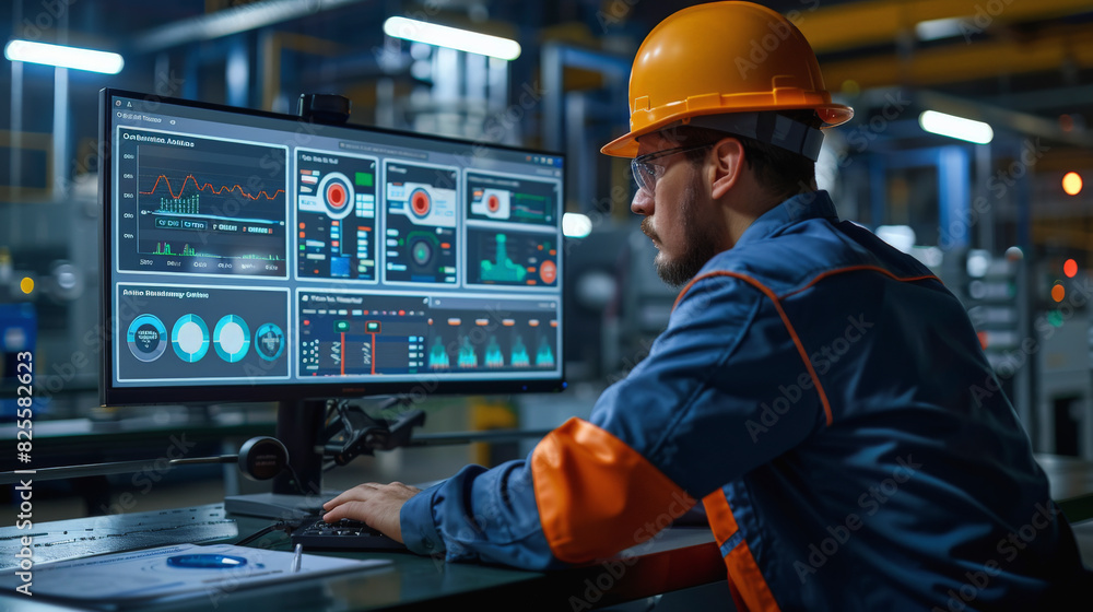An industrial worker wearing a hard hat and safety glasses is ...