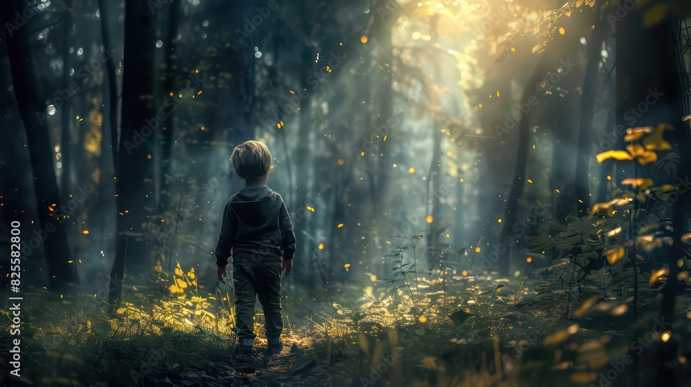Child was lost in the forest. Little boy lost his way in the forest. A ...
