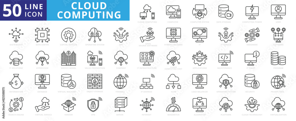 Cloud computing icon set with web, hosting, computer, operating system ...
