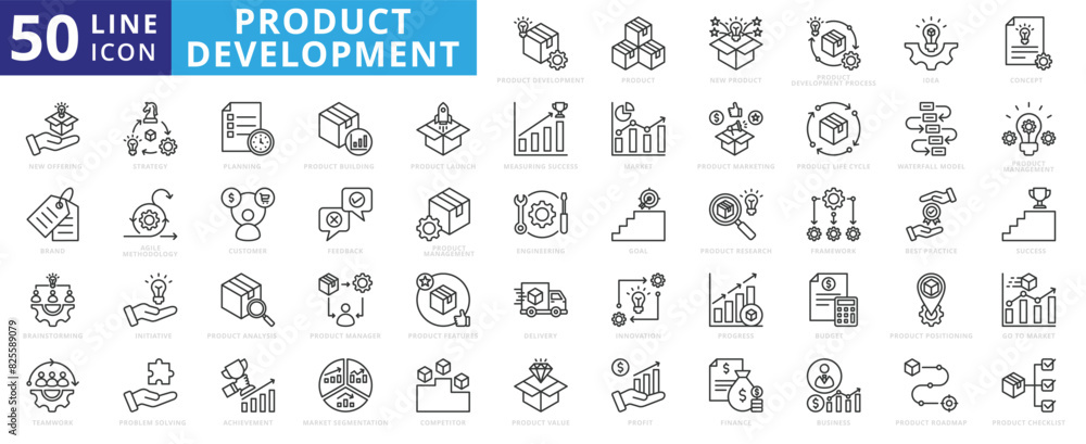 Product development icon set with planning, process, idea, concept, offering, brand ...
