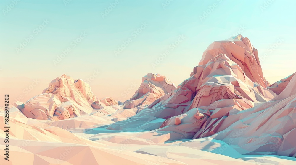 Create a soft, low poly desert landscape with gentle pastel dunes ...