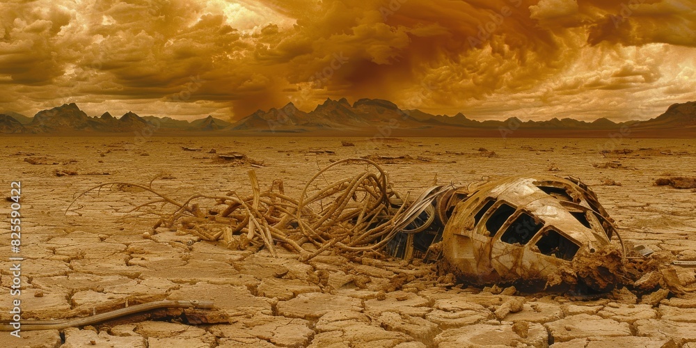 Desolate desert landscape with abandoned wreckage and dramatic sky ...