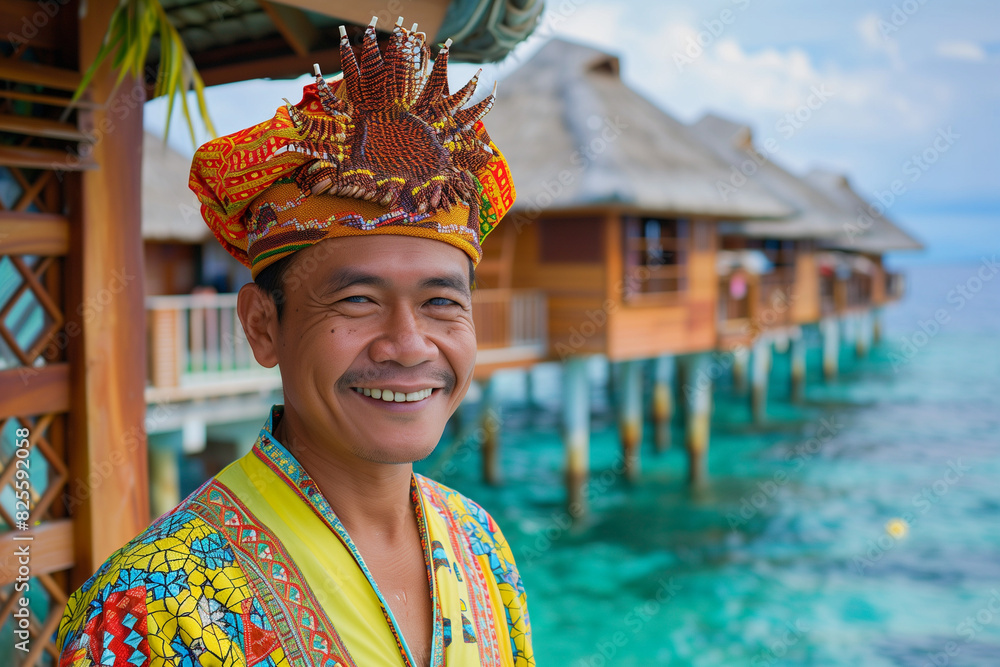 Hawaiian man dressed in traditional clothing in some beach huts full of ...