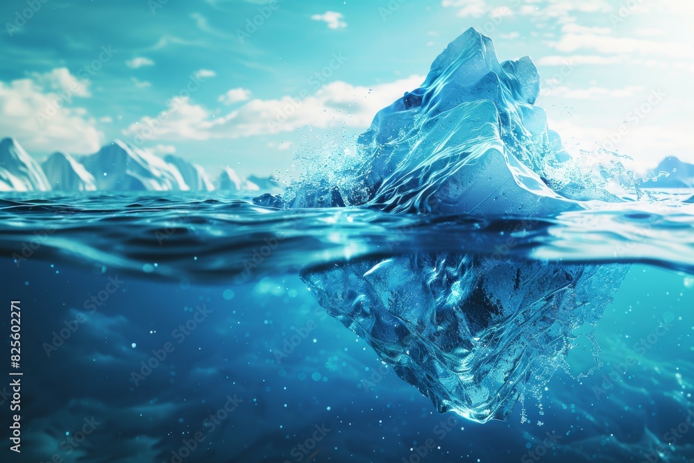A majestic iceberg floats in the ocean, only a small portion visible ...