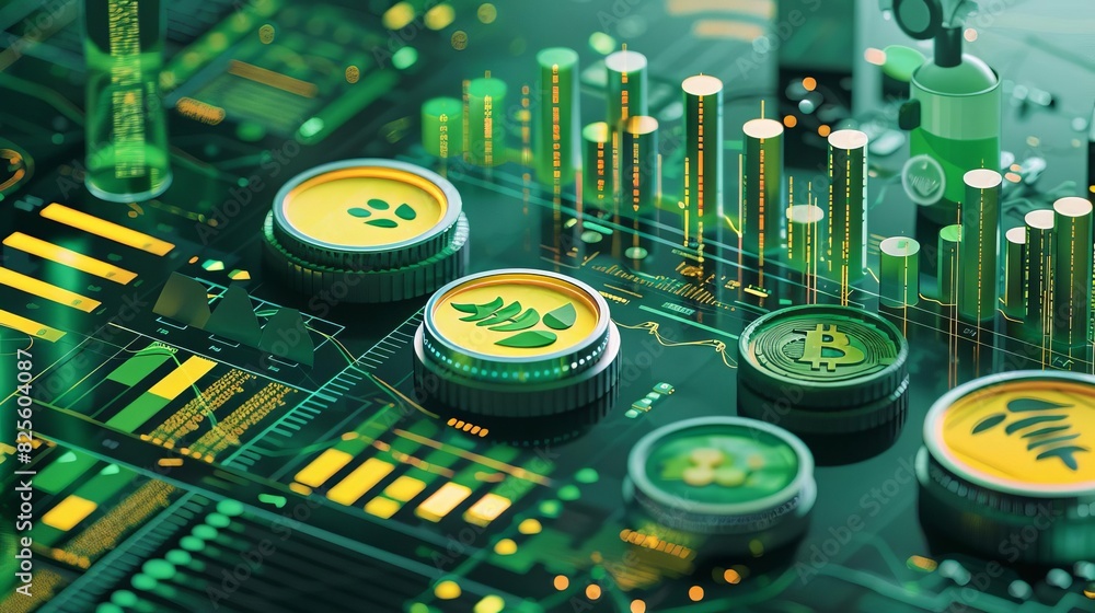Abstract representation of green finance with digital coins and plant ...
