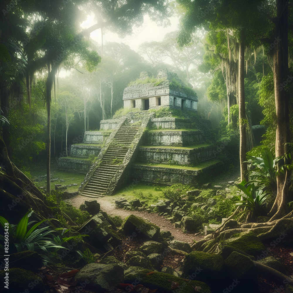 Ancient Mysterious Abandoned Overgrown Vegetation Lost Mayan Temple Complex Ruins Emerging from ...