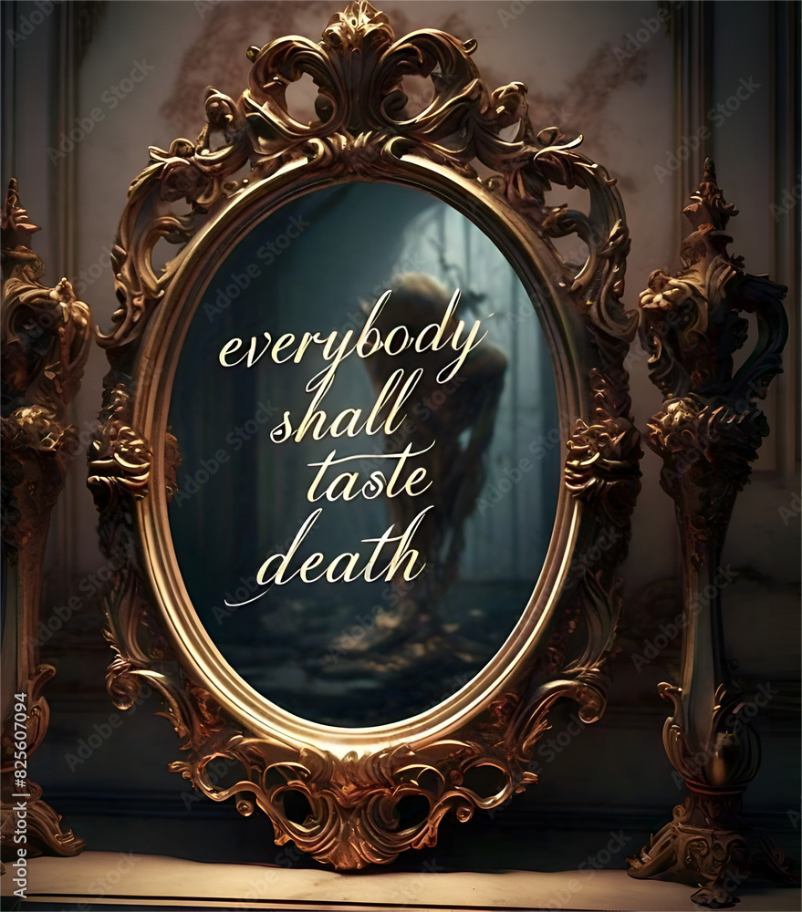 ornate mirror with a soft warm glow surrounding it. On the mirror's ...