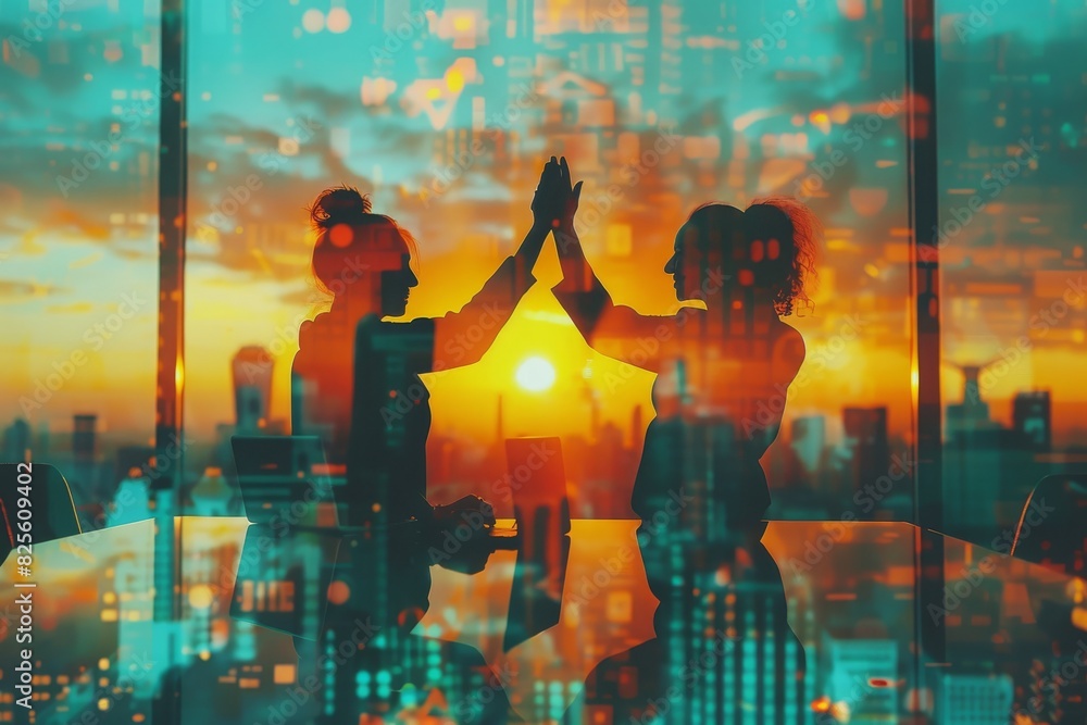 Silhouettes of two people high-fiving in front of a sunset, with ...