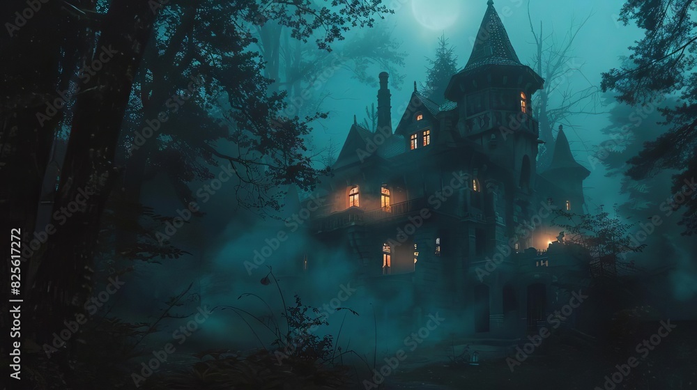 eerie haunted house in misty mysterious forest at night dark horror ...